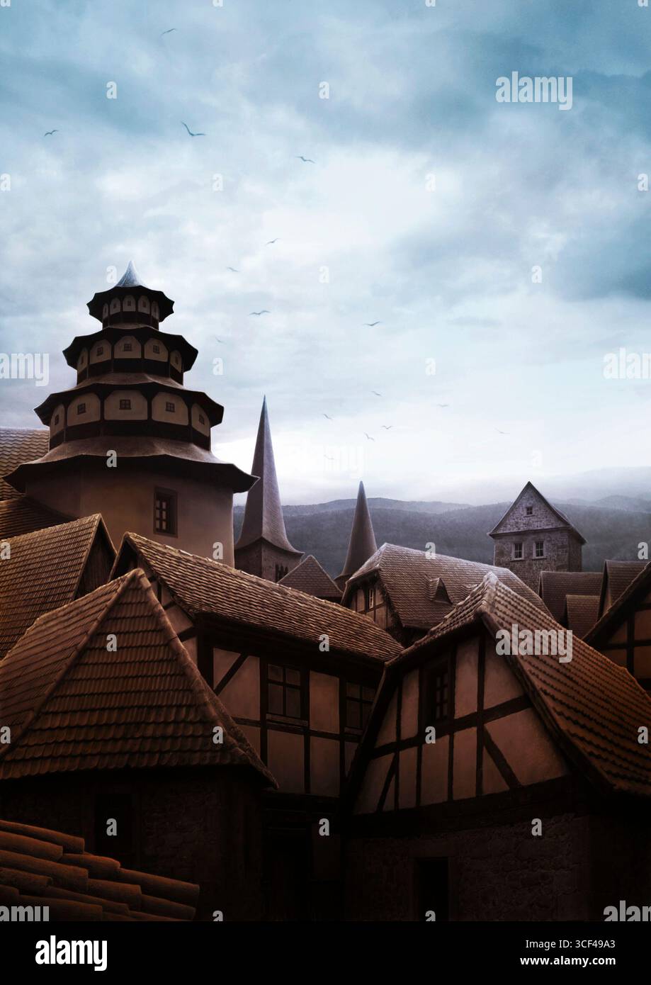 An old half-timbered town with a temple and church towers Stock Photo ...