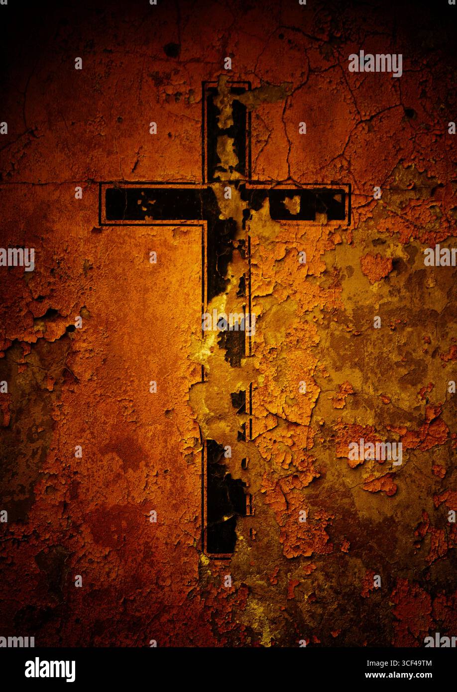 A cross on a weathered wall, crumbling plaster, spotlight, cemetery ...