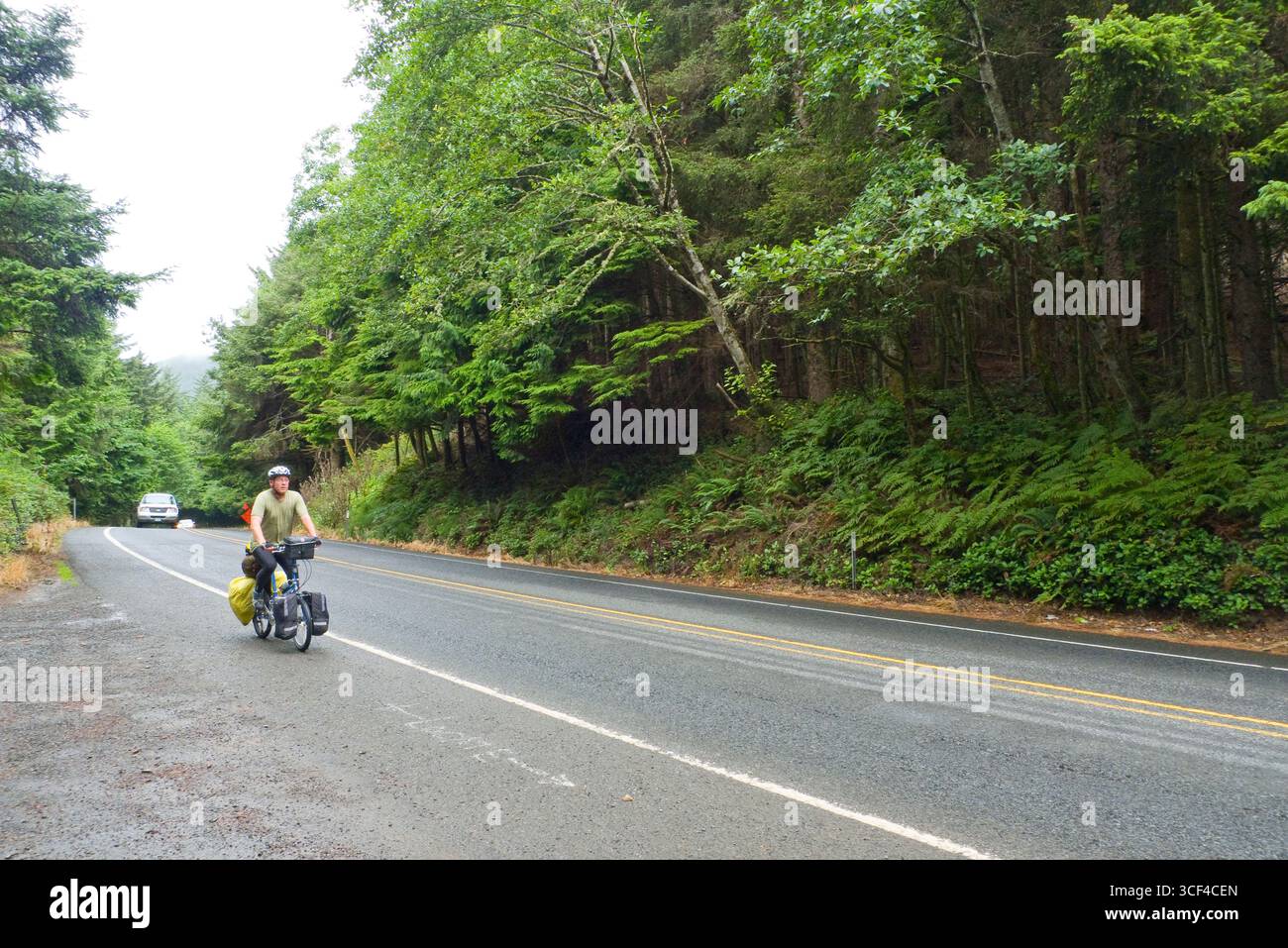 Man riding a loaded touring bicycle with panniers up hill, Highway 101 ...