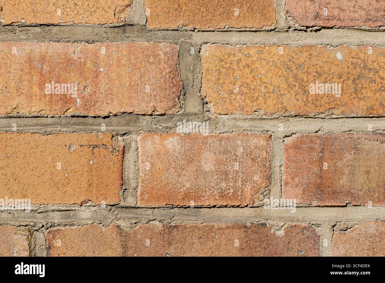 A close view of an aged brick wall, showing subtle variations in color ...