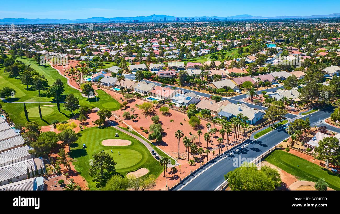 Aerial Las Vegas Residential Golf Course Community With Distant Strip ...