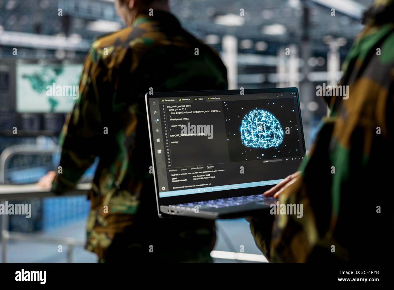 Close up of server hub employee in soldier uniform using laptop, running AI tools. Army ...