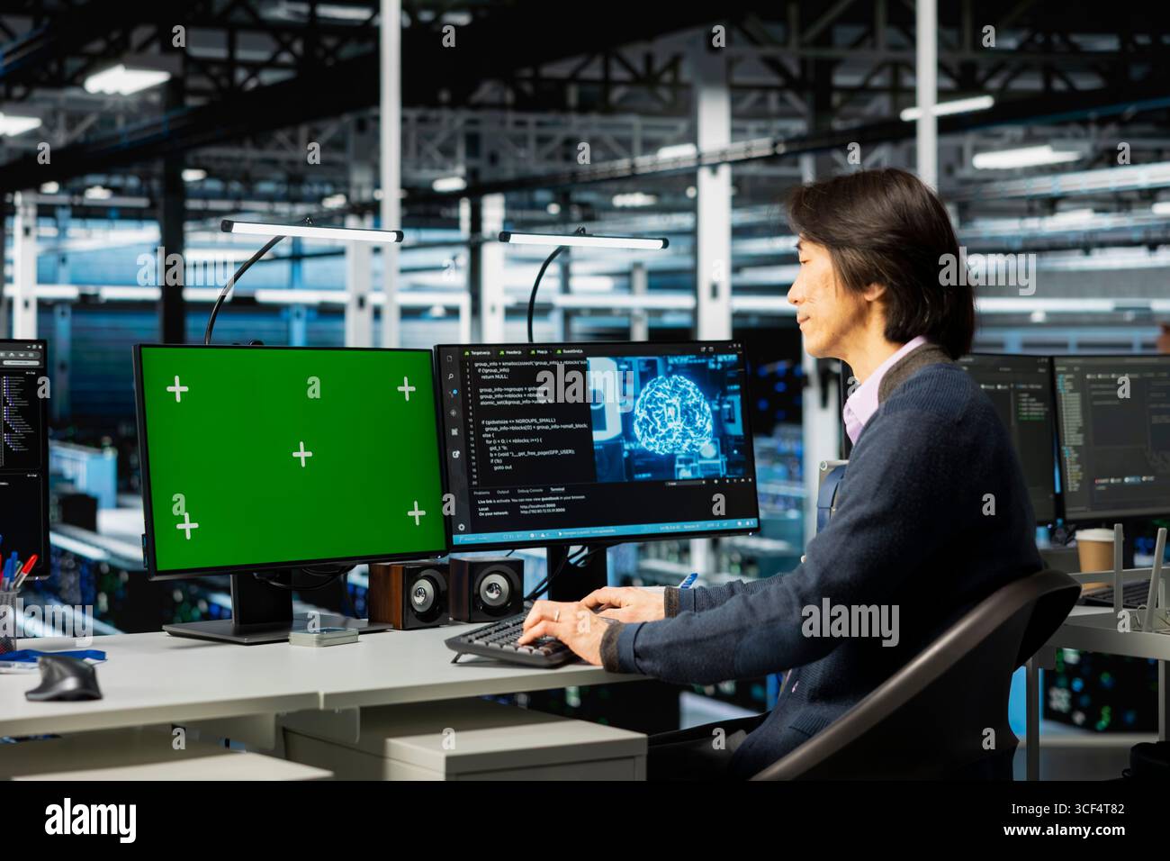 Server farm IT professional using green screen PC, deploying deep ...