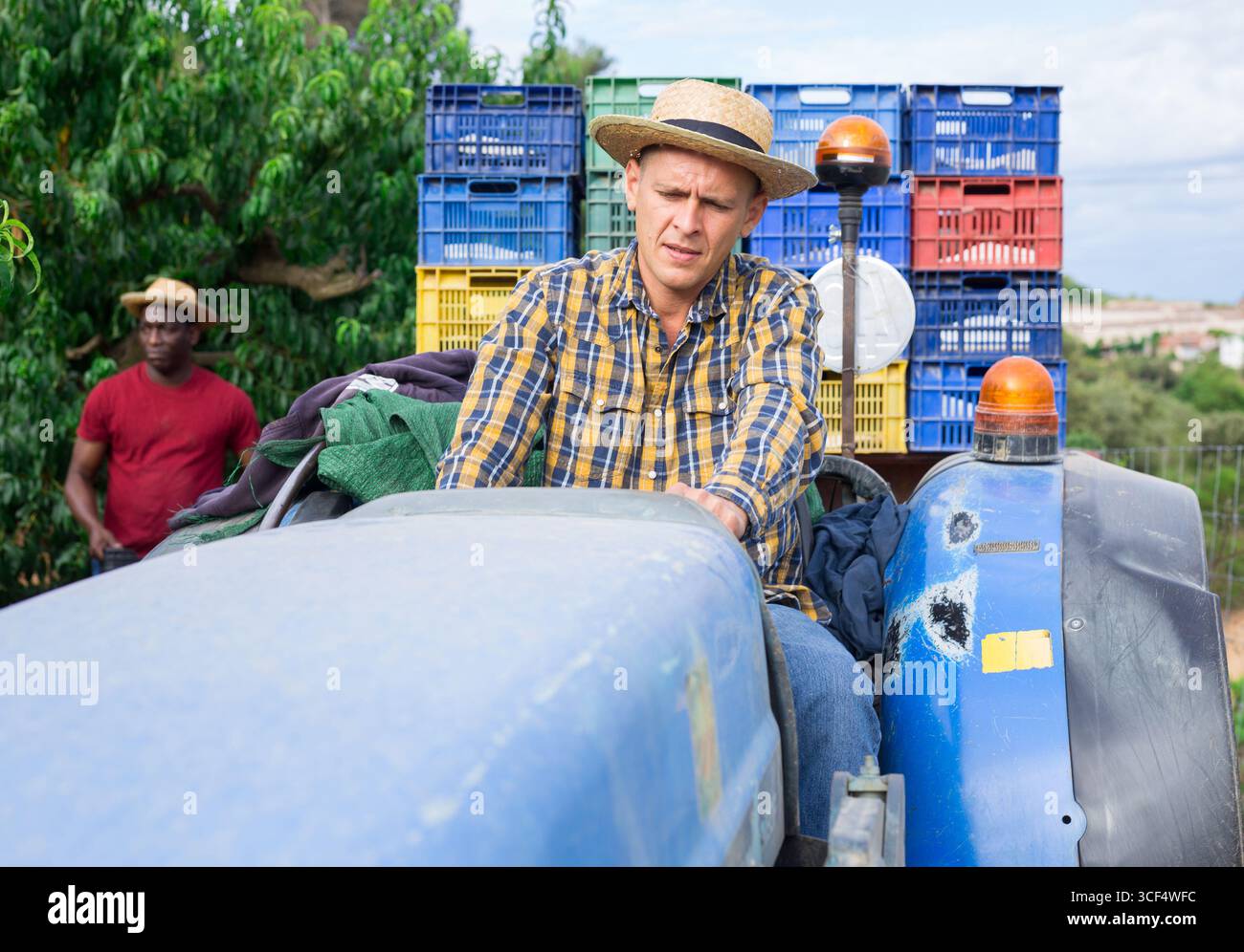 Man driving farm tractor during works in orchard Stock Photo - Alamy