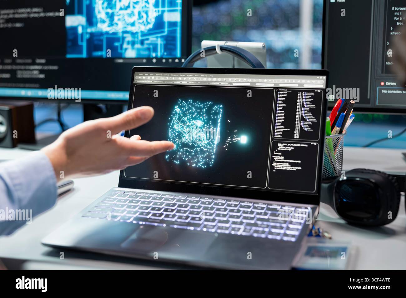Close up of admin in data center troubleshoots rigs connectivity issues using deep learning tech ...