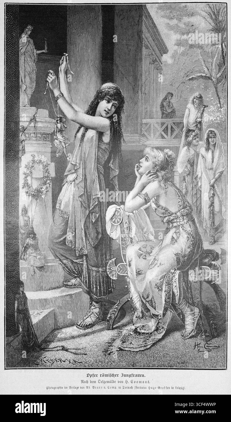 Engraving of two young Roman women making an offering to Vesta, the ...