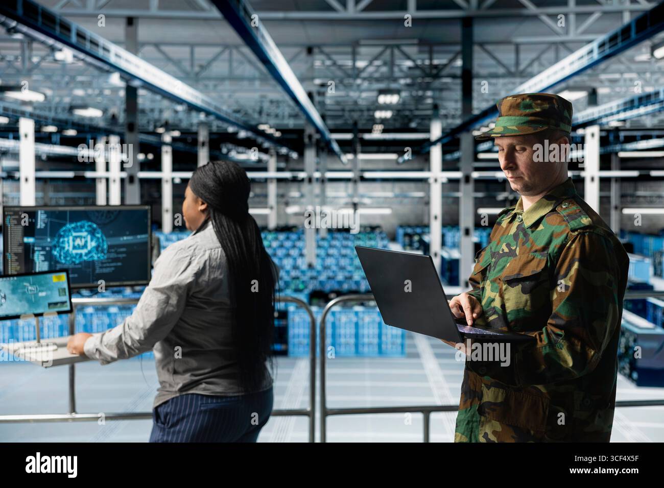 Team of army tech experts in data center conducting threat simulations ...