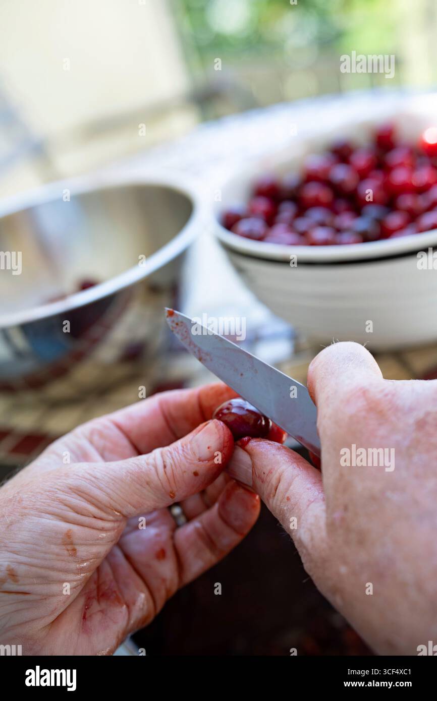 Hands pitting fresh red cherries with knife for homemade jam hi-res ...