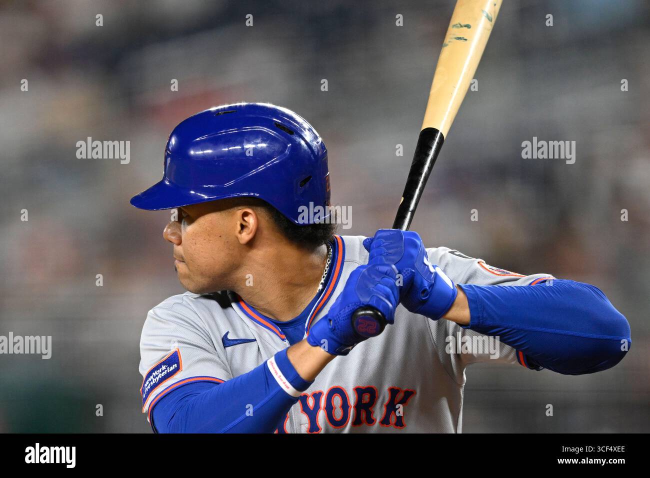 New York Mets' Juan Soto at bat during a baseball game against the ...
