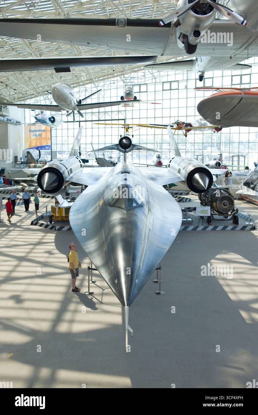 Historic aircraft on display in the six-story glass-and-steel exhibit ...
