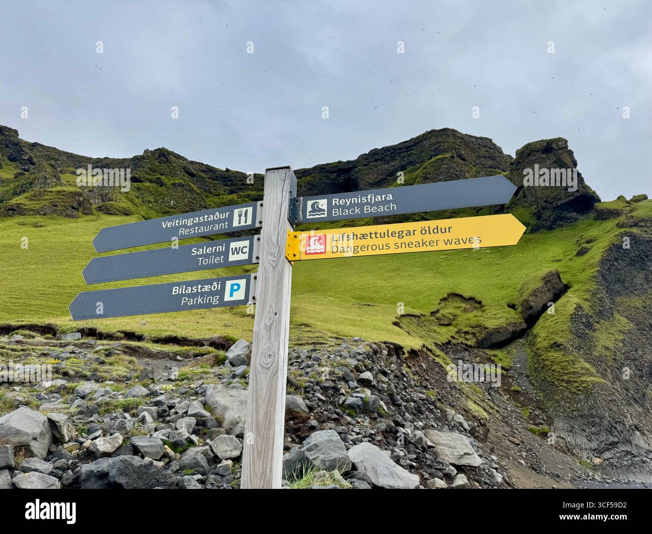 Signage at the famous black sand beach of Reynisfjara in Vik, south ...