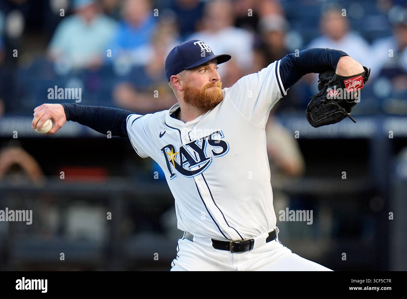 Tampa Bay Rays pitcher Drew Rasmussen delivers to the New York Yankees ...