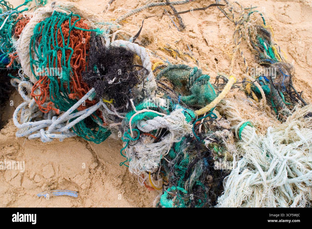 Tangled nets, line, ropes and floats washed ashore on sandy beach ...
