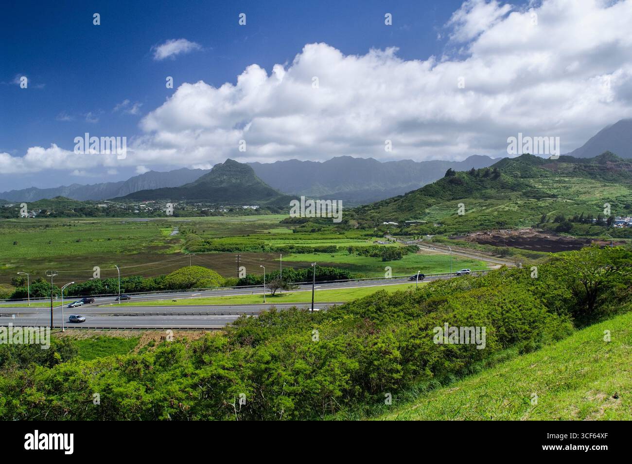 The twin peaks of Mount Olomana rising above Kawainui Marsh, Kailua ...