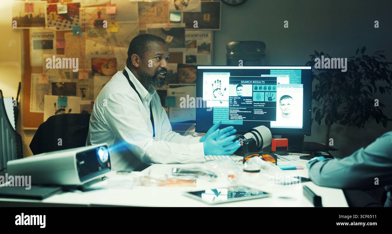 Man, projector and investigation with fingerprints for crime scene ...