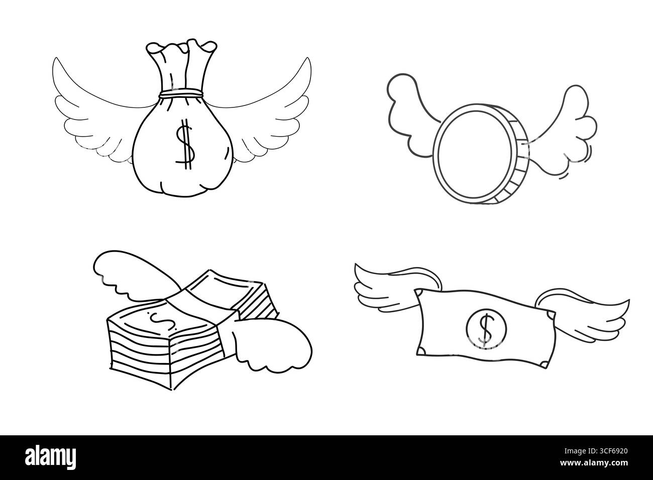 Money with wings doodle, set coin, banknote and money bag sketch hand ...