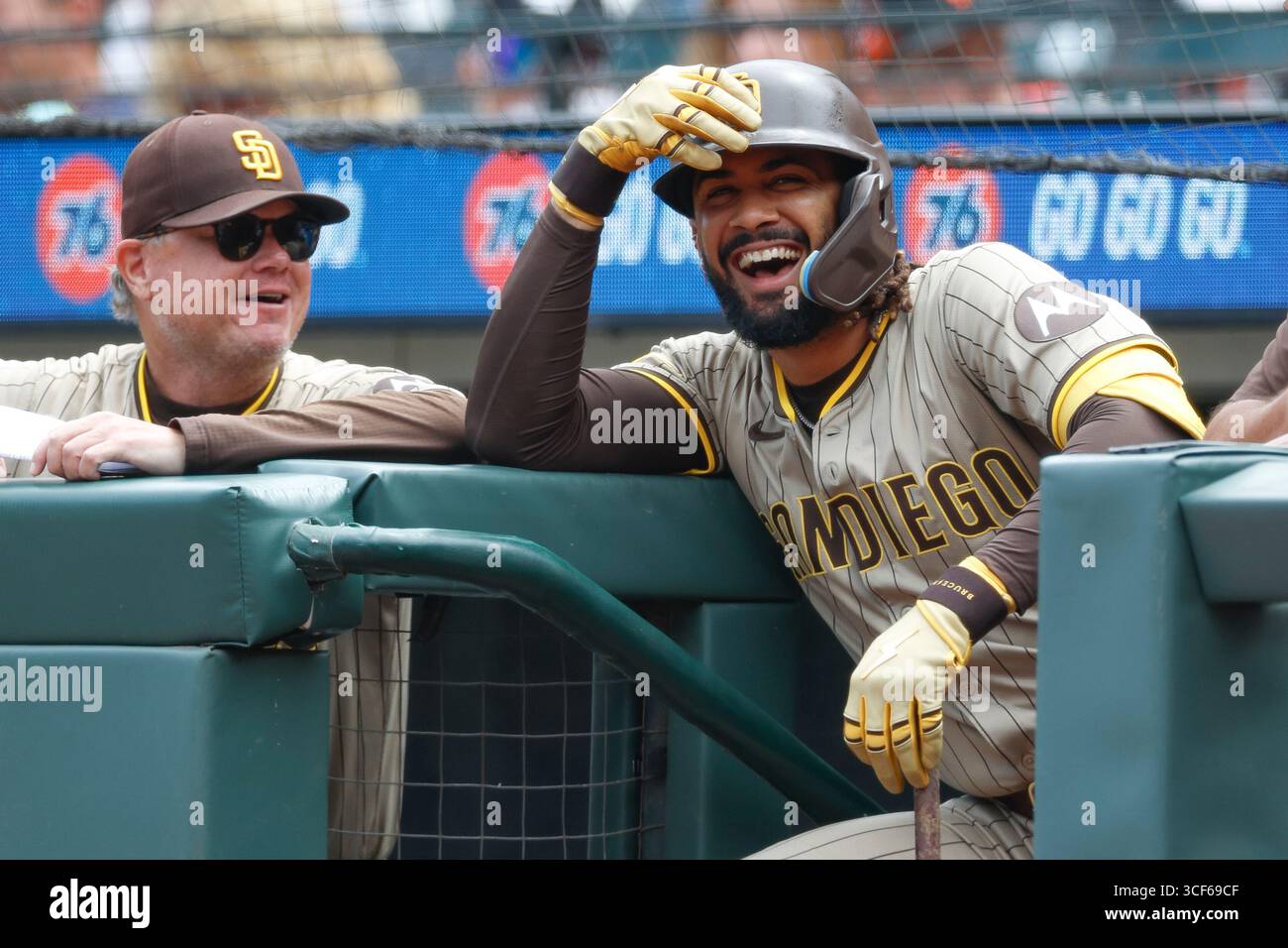 Fernando Tatis Jr. #23 of the San Diego Padres laughs during a game ...