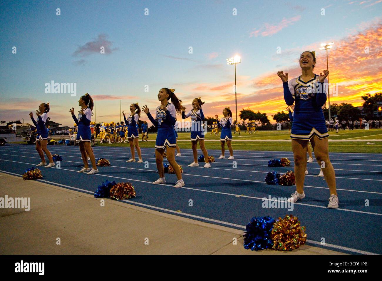 Cheerleaders in vibrant blue, yellow, and white uniforms strike dynamic ...