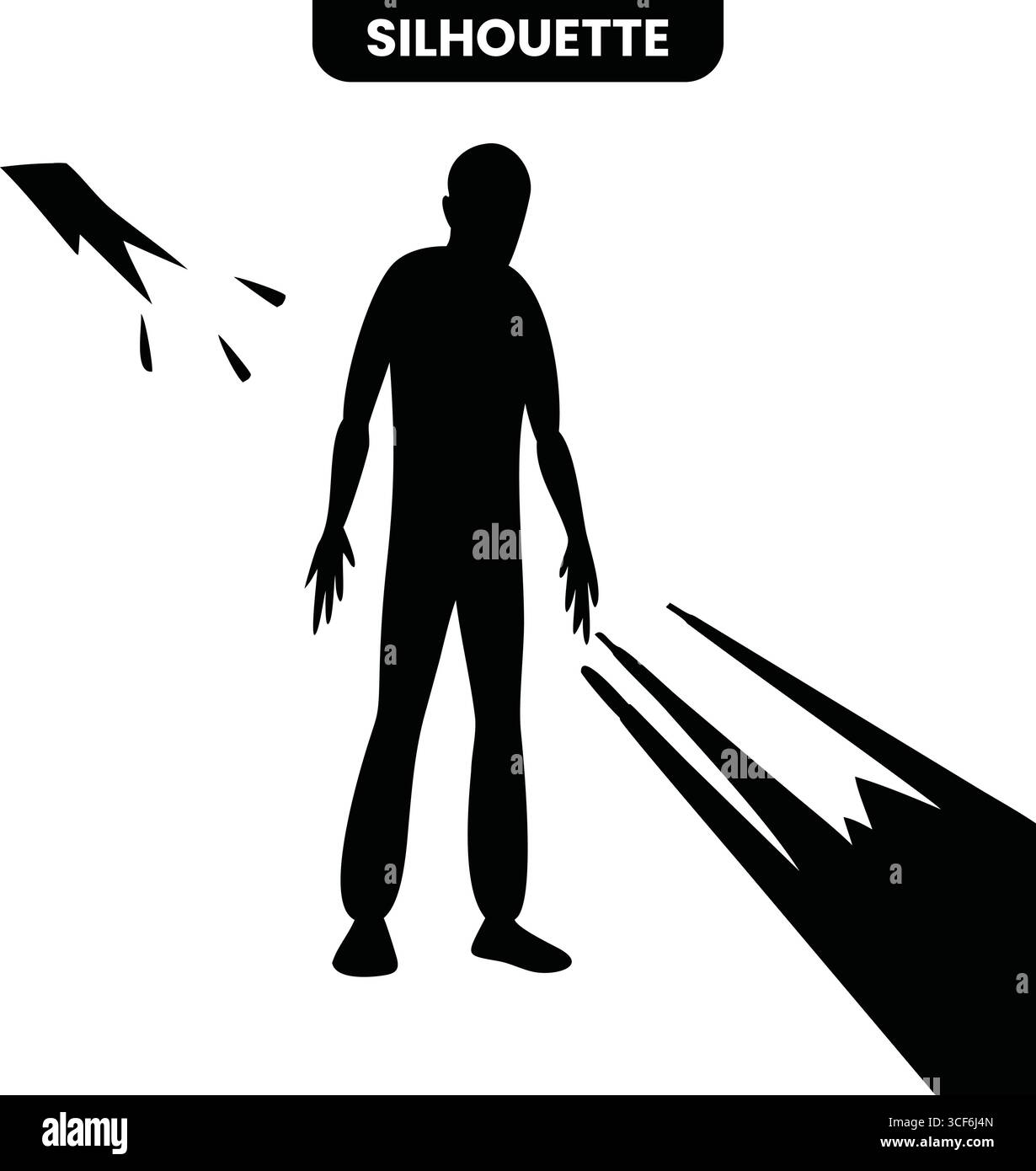 A black silhouette of a person standing, with abstract, sharp shapes ...
