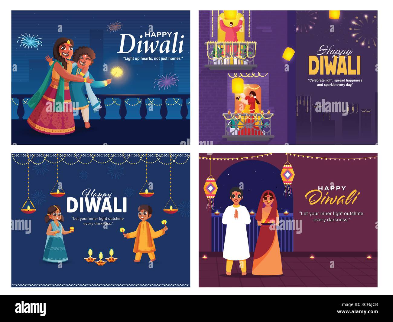 Happy Diwali Festival Poster Set with Celebrating Indian People ...