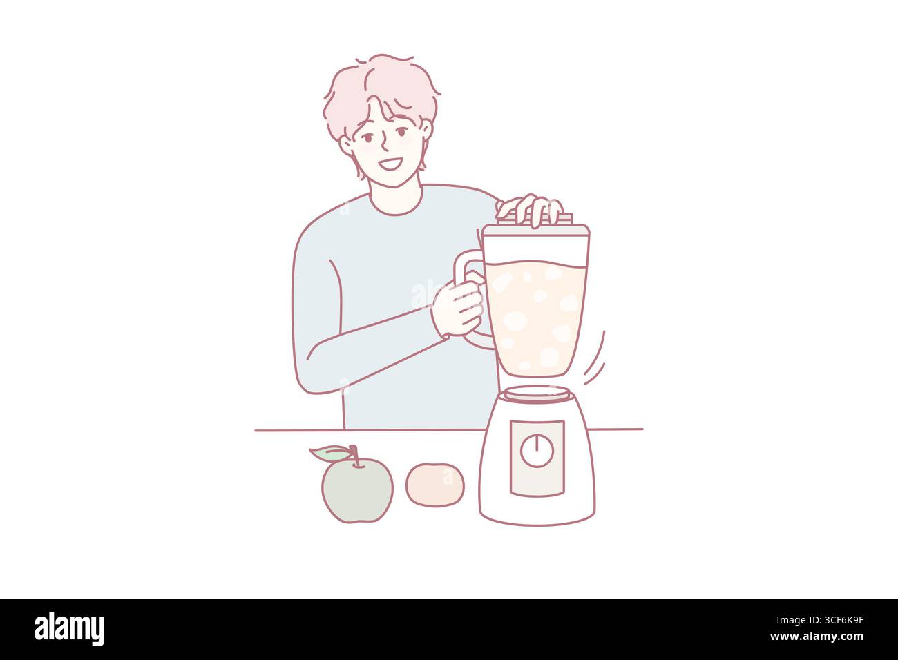 Smiling young man make fresh fruit juice in blender at home. Happy guy ...