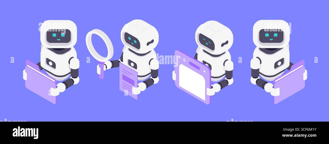 Isometric vector illustration depicting AI robots performing data ...