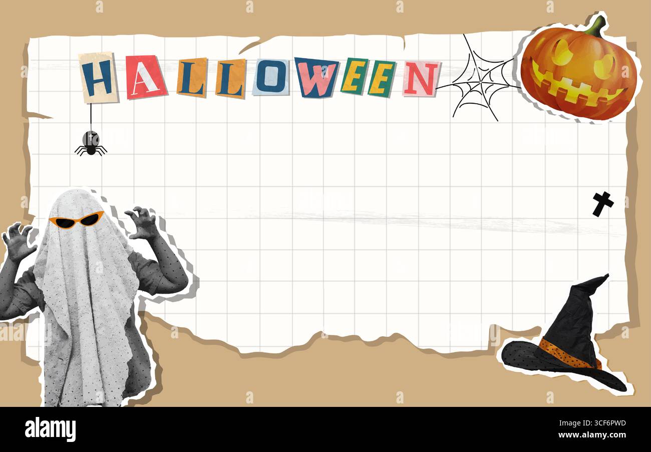 Halloween collage featuring a ghost and spooky letters. Vector ...