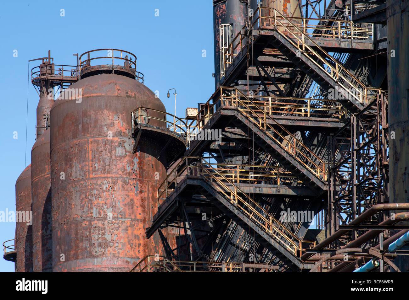 Abandoned and dilapidated remnants like blast furnaces of the old steel ...