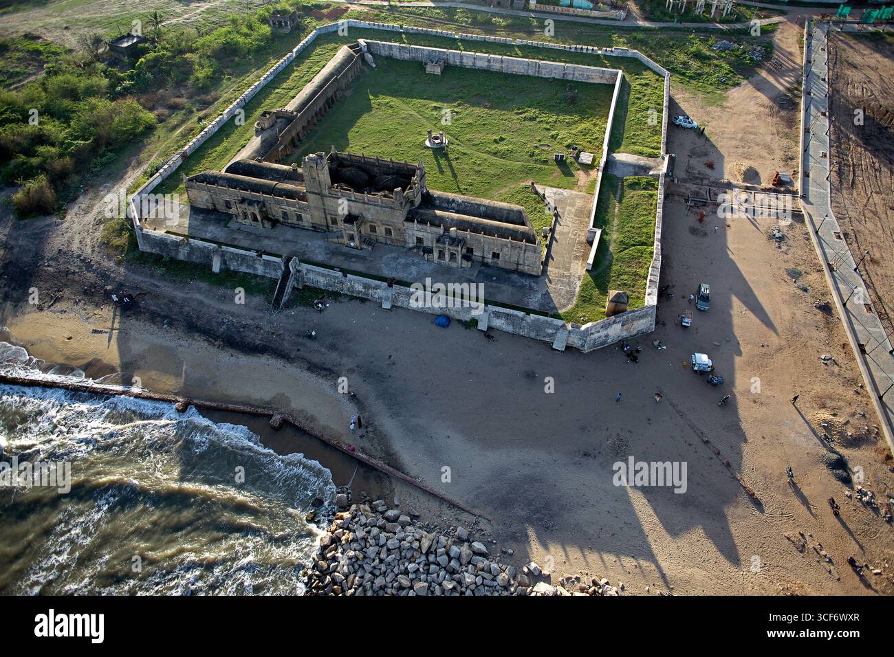 Aerial view of the crumbling Fort Dansborg, a relic of Danish colonial ...