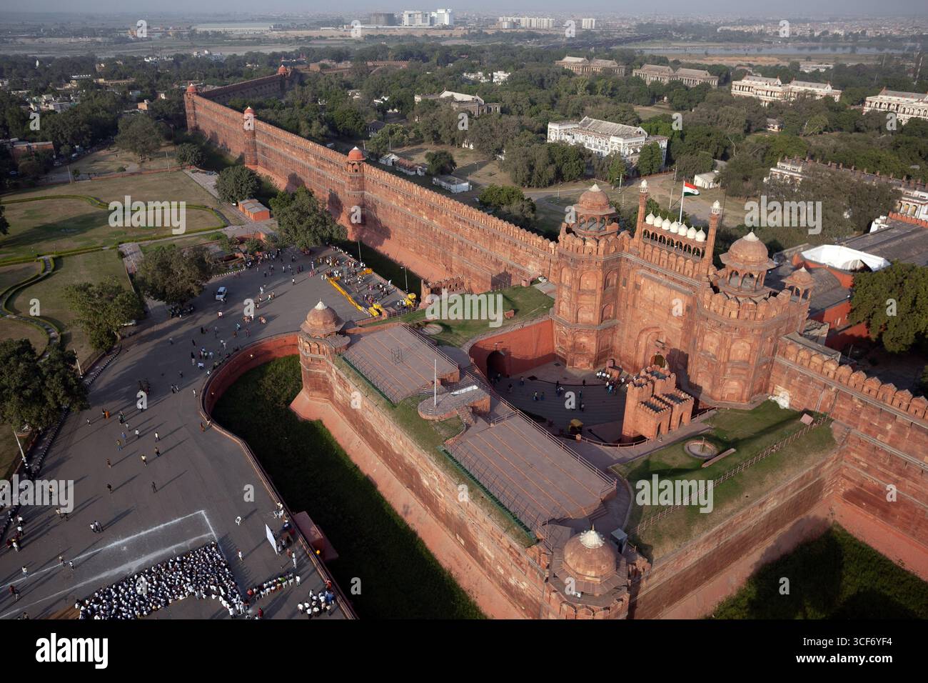 Aerial view of the majestic Red Fort's red sandstone walls contrasting ...