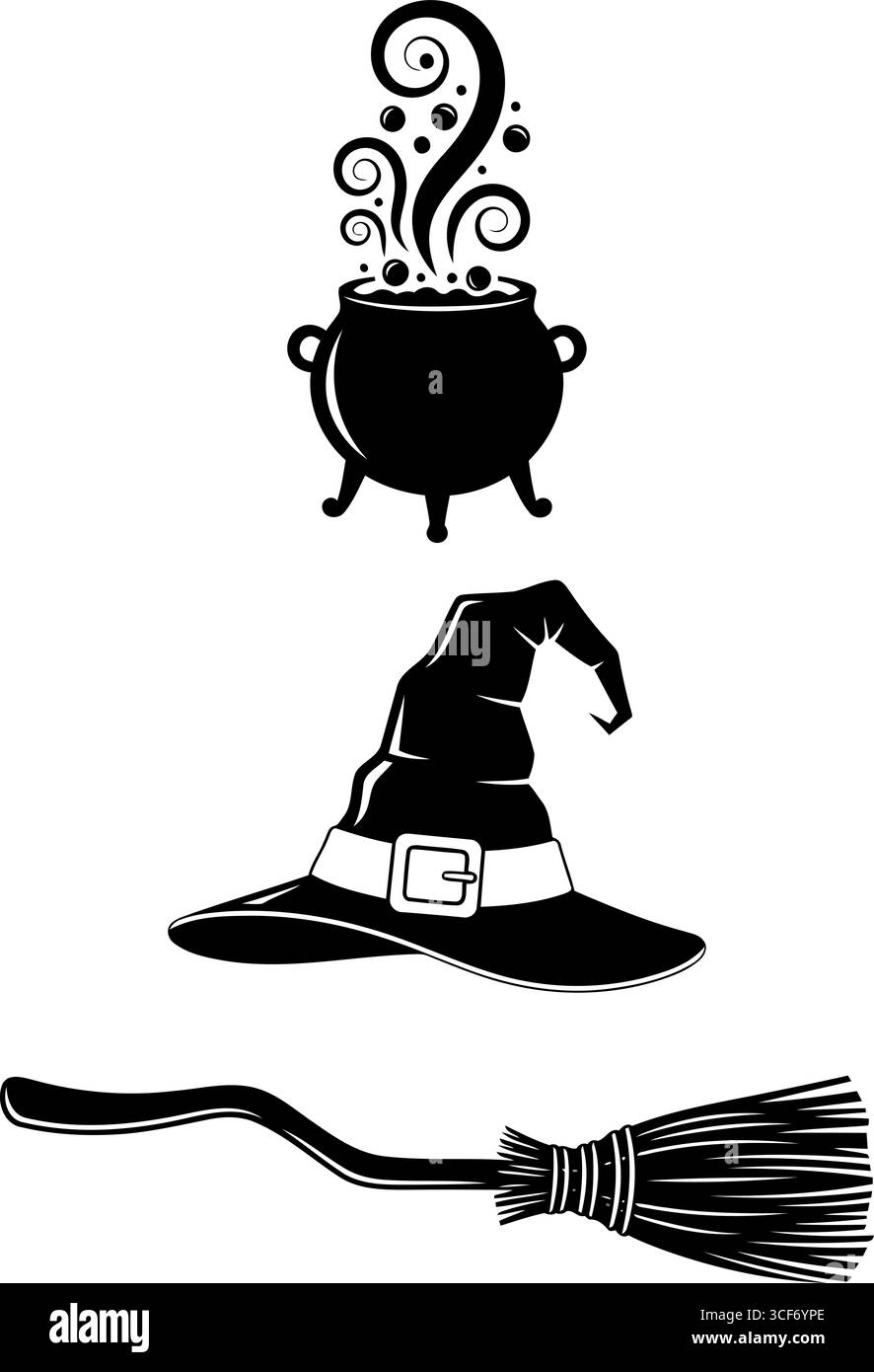 Spooky Halloween witch hat, bubbling cauldron, and broomstick conjure ...