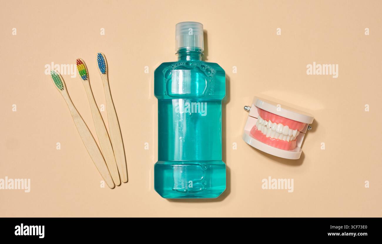 Dental hygiene items including toothbrushes hi-res stock photography ...