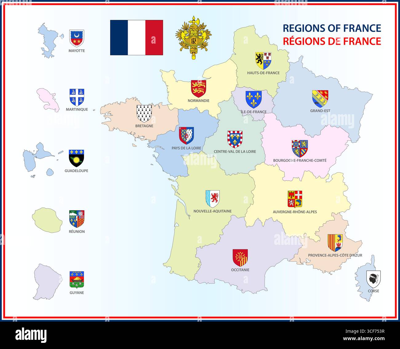 France, map of regions and overseas territories with coat of arms ...