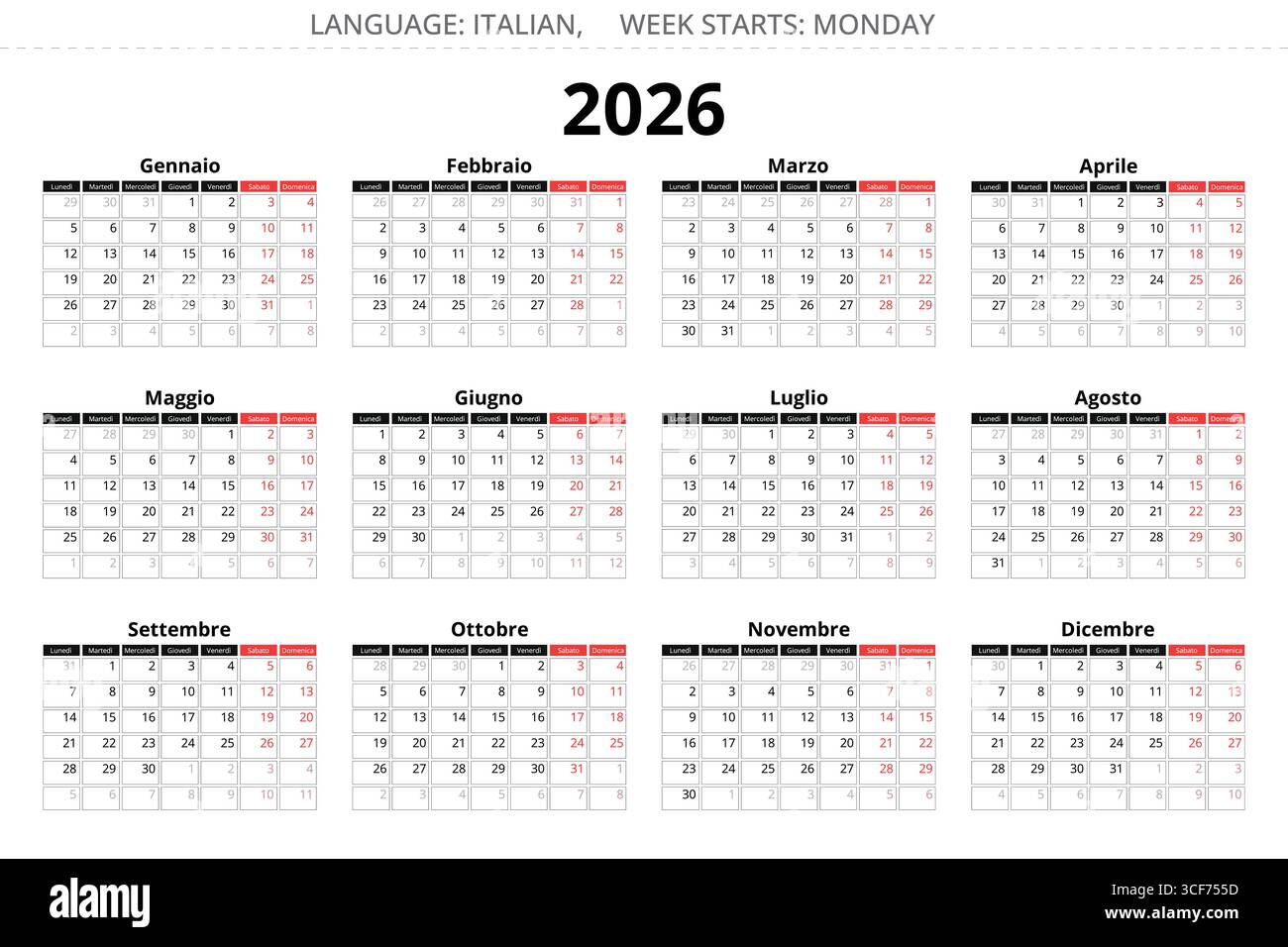 2026 year calendar. Italian language. Vector illustration for Italy ...
