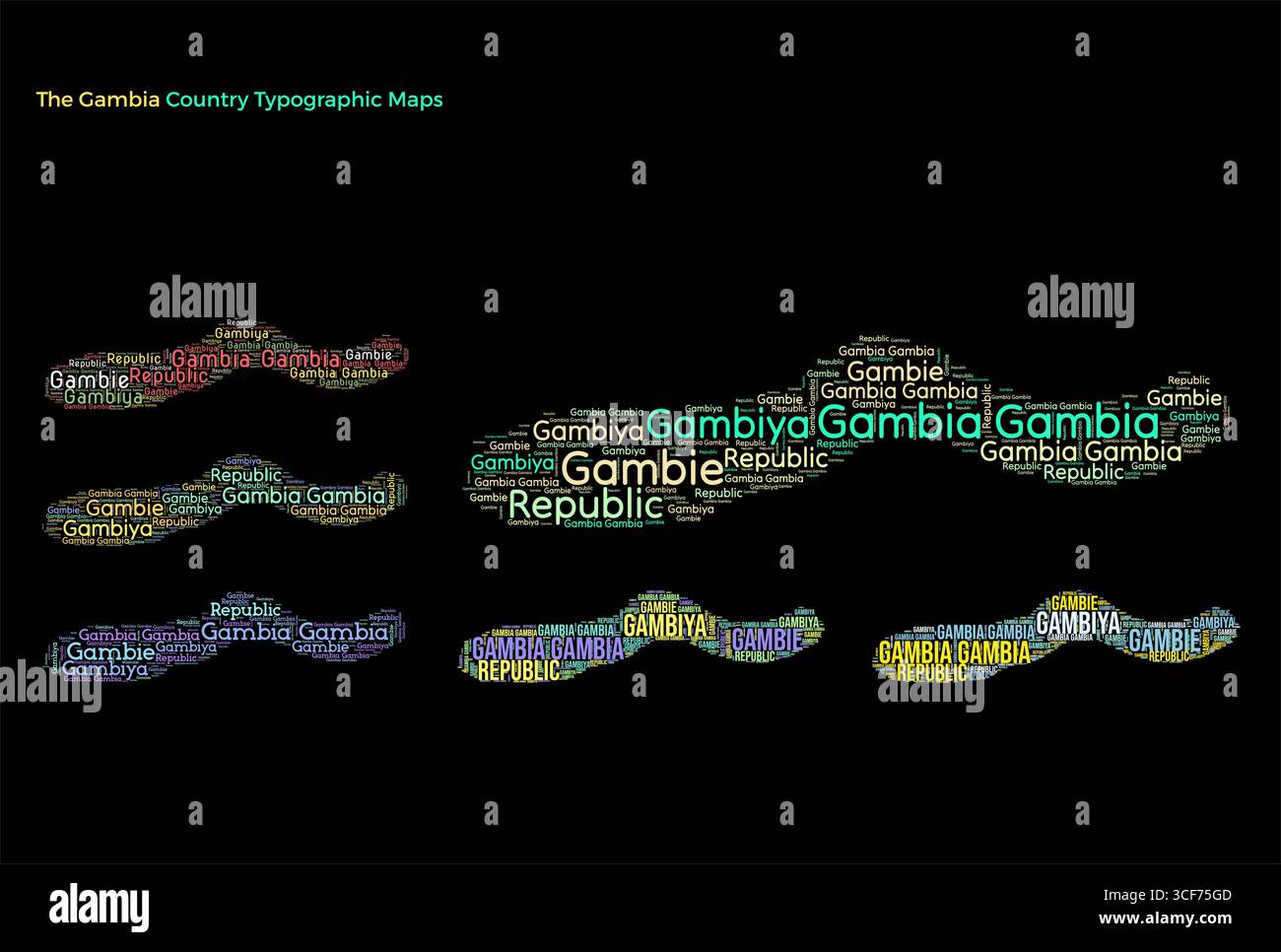 Gambia. Set of typography style country illustrations. Gambia map shape ...