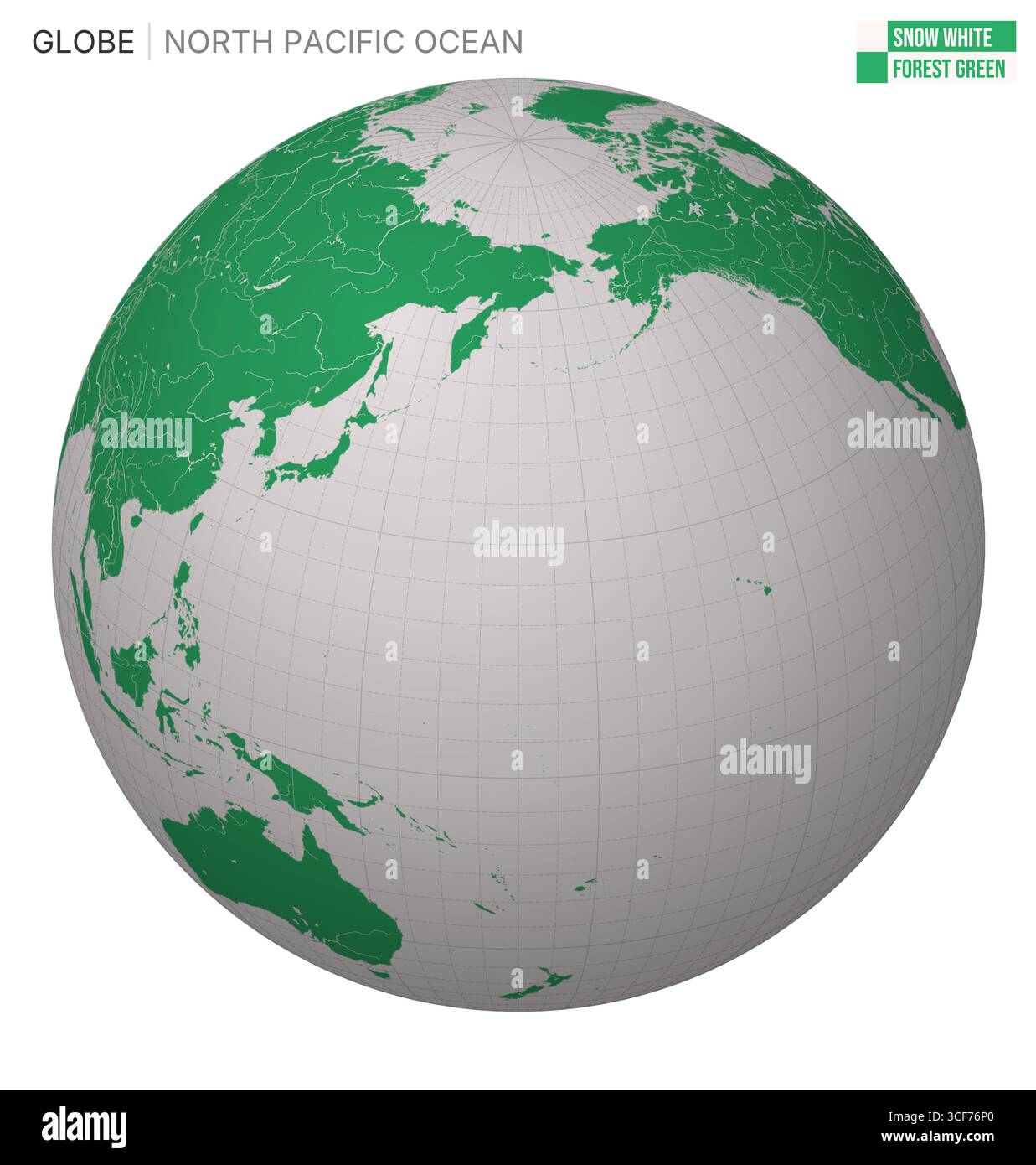 Vector Globe centered to North Pacific Ocean. Snow White Forest Green ...