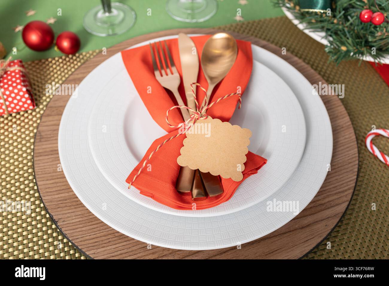 Design template featuring a close-up of minimalist cutlery and a blank ...