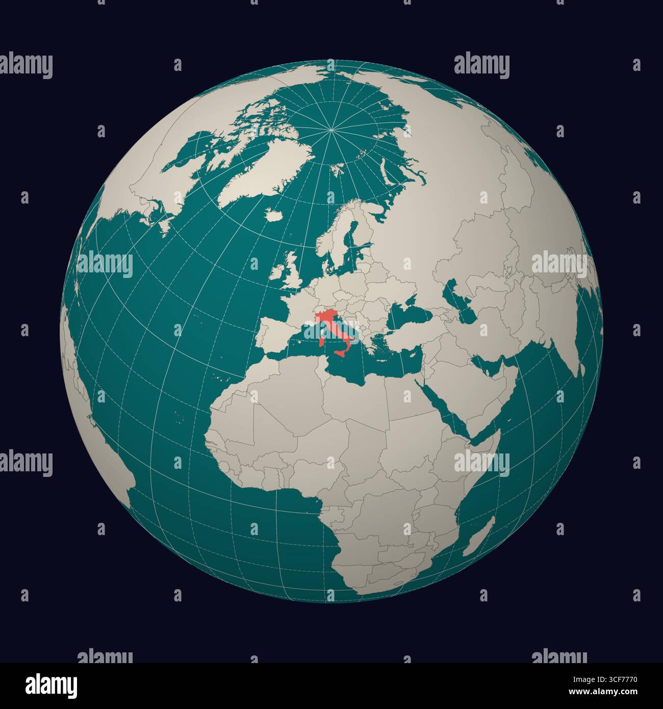 Italy on the map. Globe centered to Italy. Country location on the ...