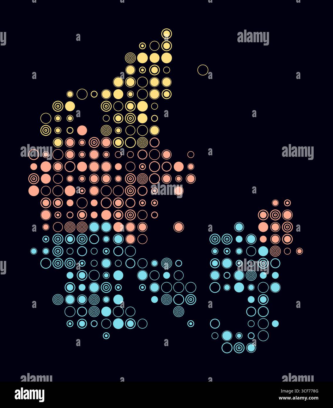 Denmark, shape of the country built of colored cells. Digital style map ...