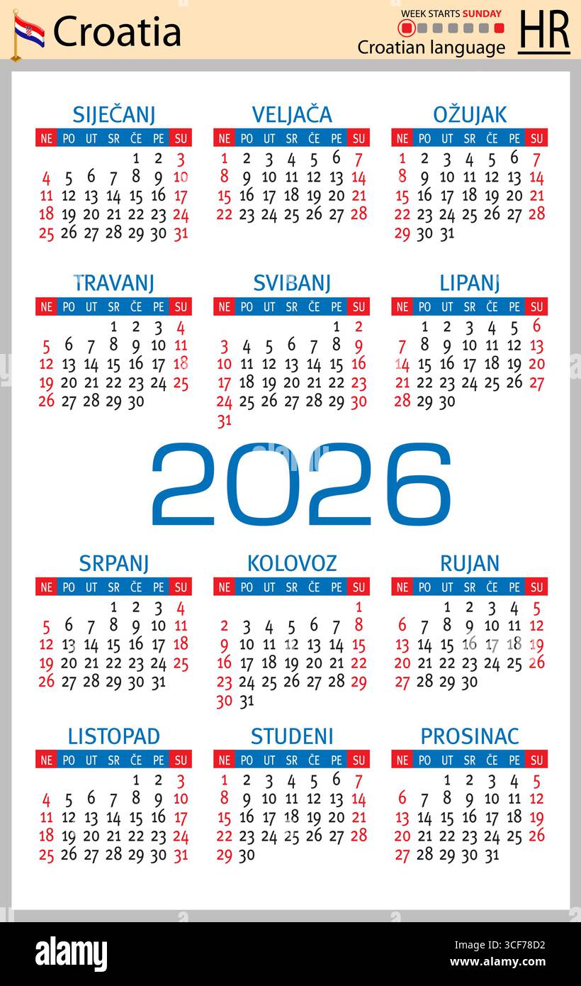 Croatian vertical Pocket calendars for 2026 (Two thousand twenty six ...