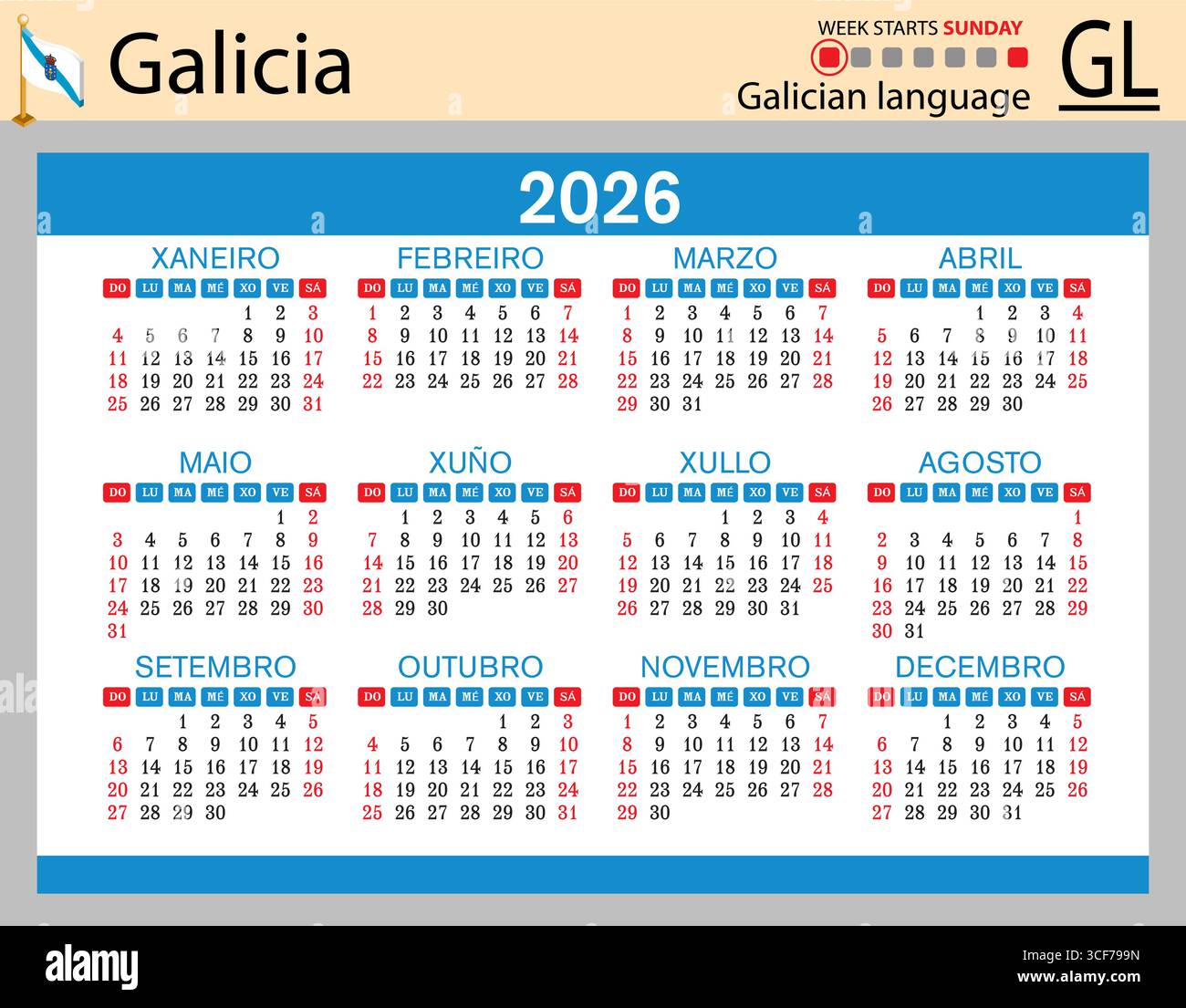 Galician horizontal Pocket calendars for 2026 (Two thousand twenty six ...