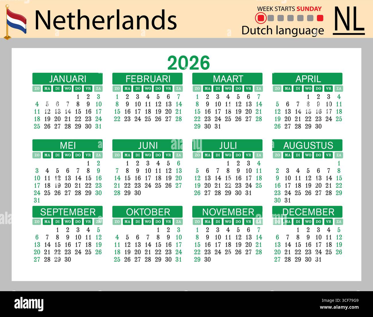 Dutch horizontal Pocket calendars for 2026 (Two thousand twenty six ...
