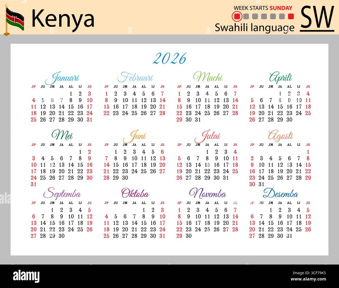 Kenya horizontal Pocket calendars for 2026 (Two thousand twenty six ...