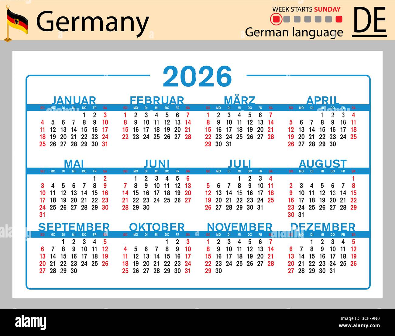 German horizontal Pocket calendars for 2026 (Two thousand twenty six ...