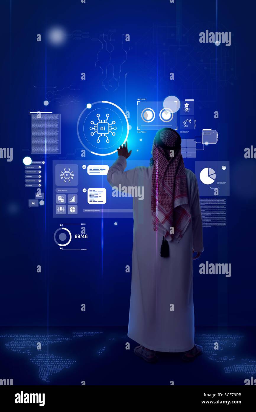Man interacts with digital interface displaying data analysis and ...