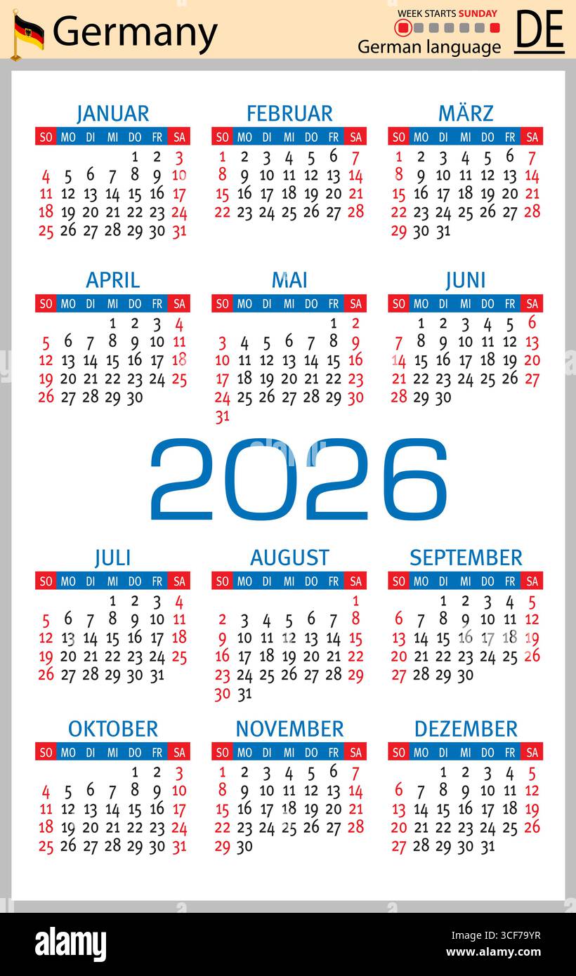 German vertical Pocket calendars for 2026 (Two thousand twenty six ...