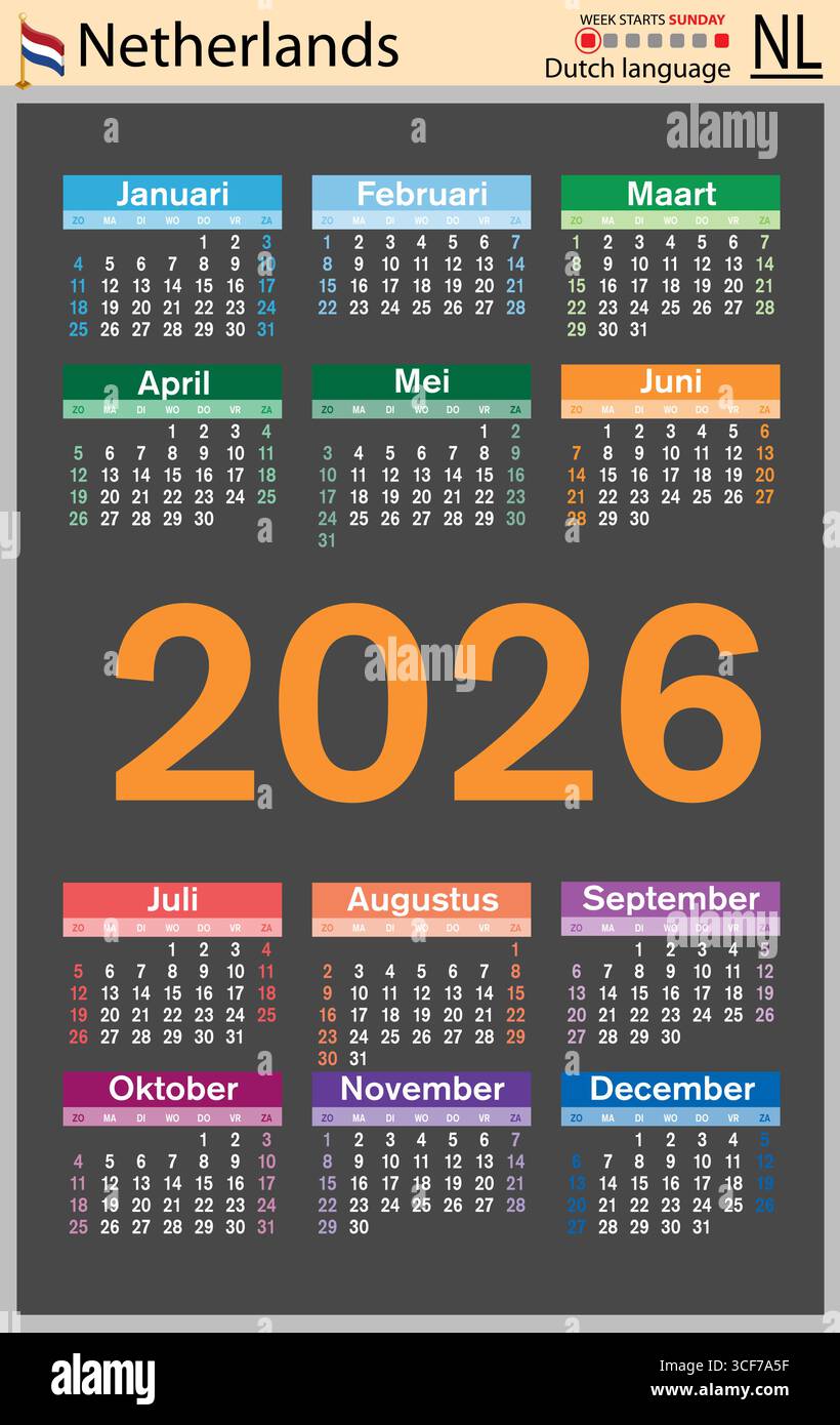 Dutch vertical Pocket calendars for 2026 (Two thousand twenty six ...