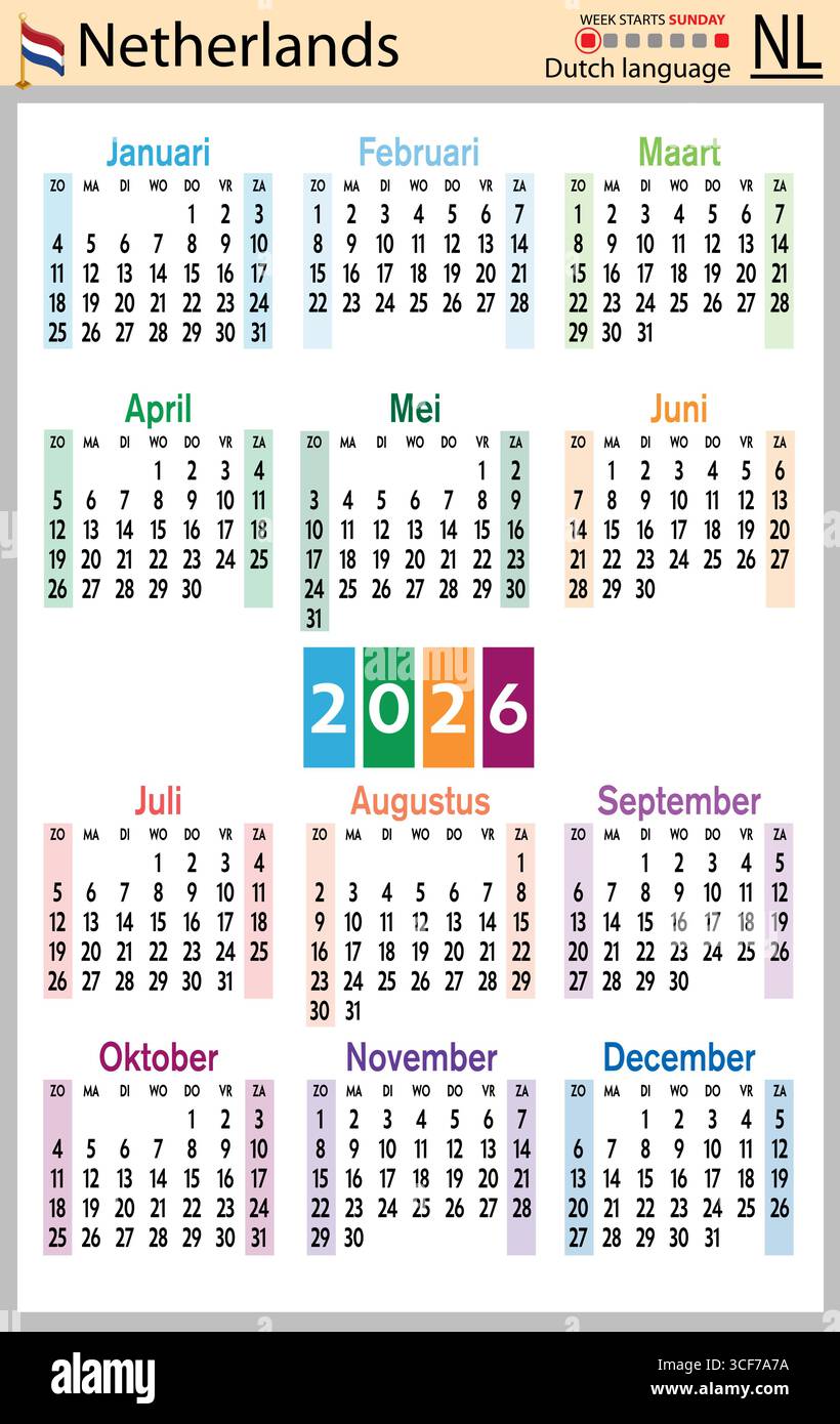 Dutch vertical Pocket calendars for 2026 (Two thousand twenty six ...