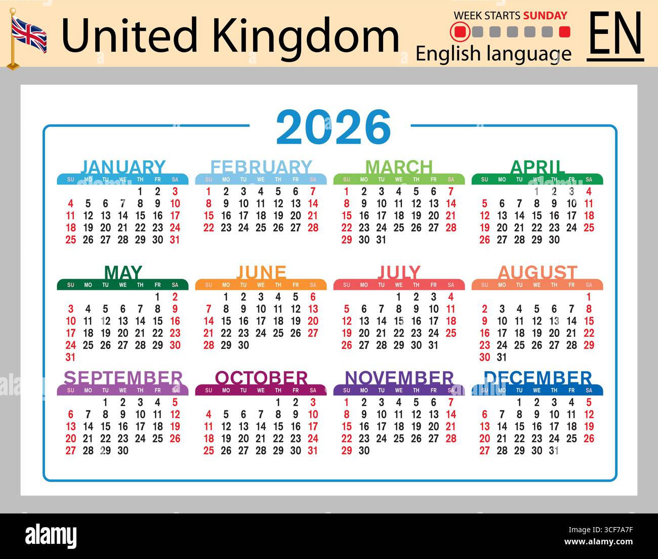 English horizontal Pocket calendars for 2026 (Two thousand twenty six ...