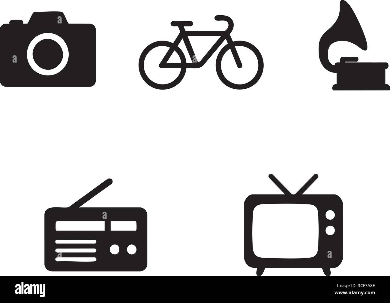 Monochrome pictograms displaying a compact camera a road bicycle a ...